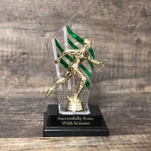 Successfully Runs With Scissors Funny Trophy Gag Gift Runner Jogger ...