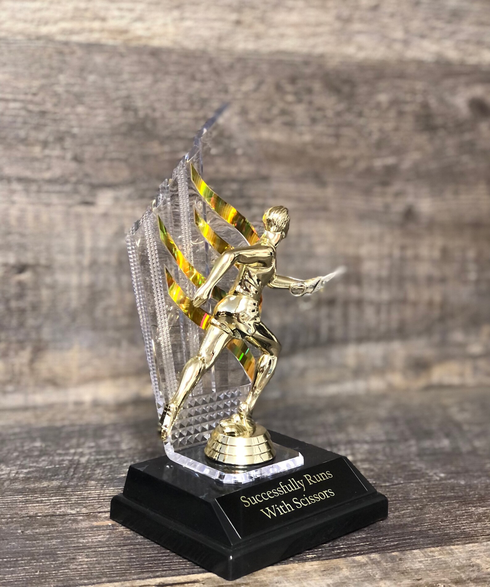 Successfully Runs With Scissors Funny Trophy Gag Gift Runner Jogger ...