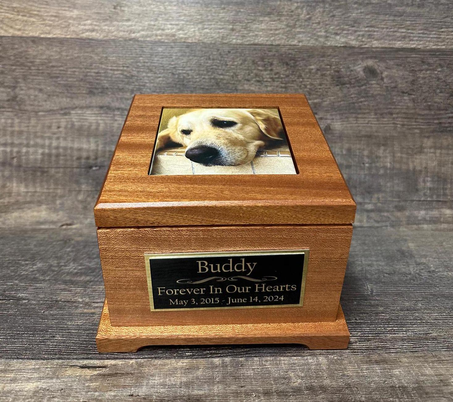 Pet Urn Dog Urn MAHOGANY Memorial Keepsake Cremation Urn Custom Photo ...