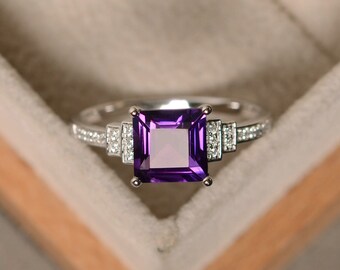 Amethyst ring purple gemstone sterling silver square | Etsy