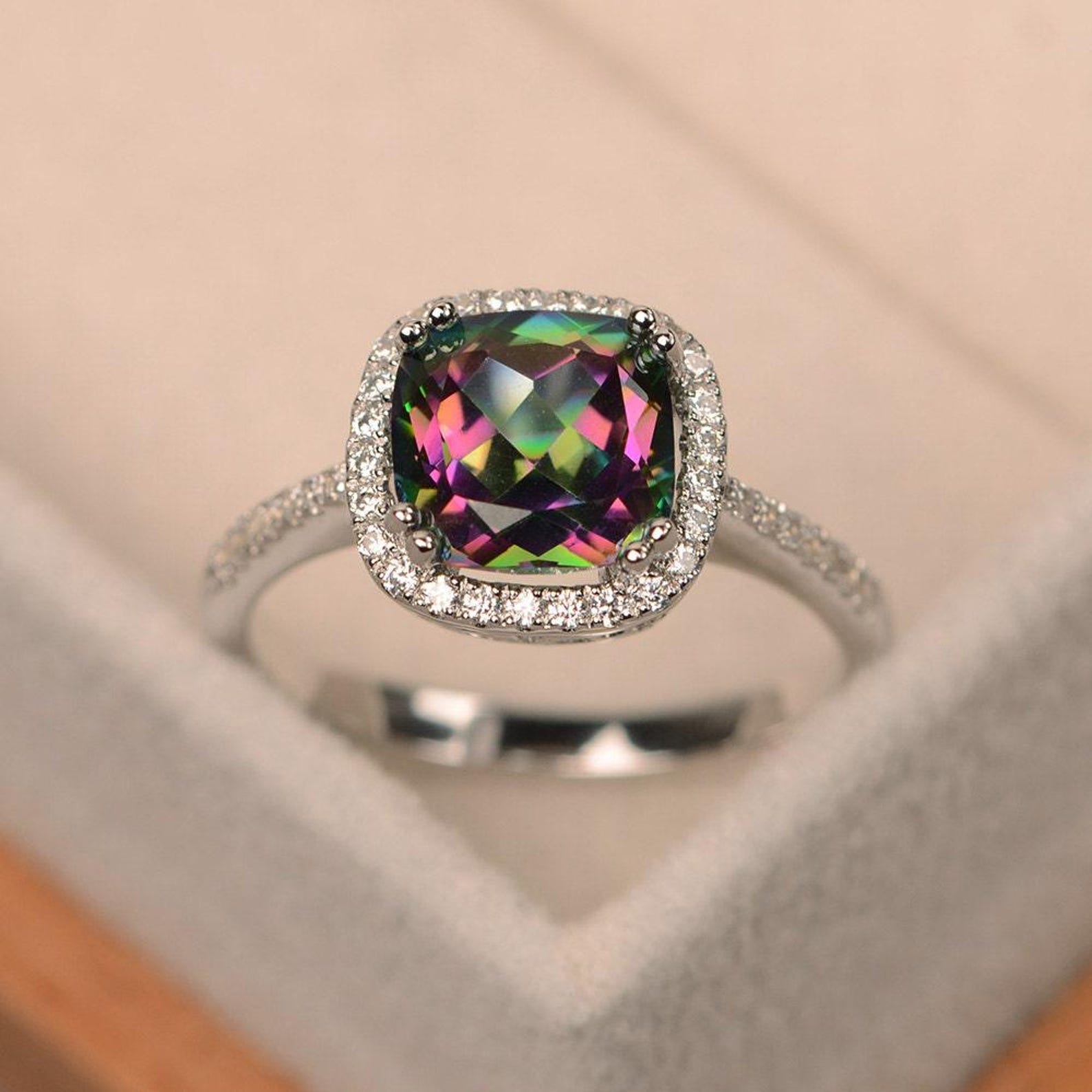 Mystic Topaz Rings, Rainbow Mystic Topaz, Sterling Silver, Cushion Cut ...