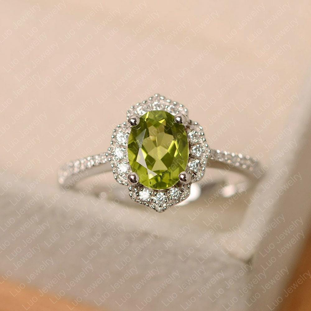 Peridot Ring, August Birthstone, Oval Cut, Green Stone Ring, White Gold ...