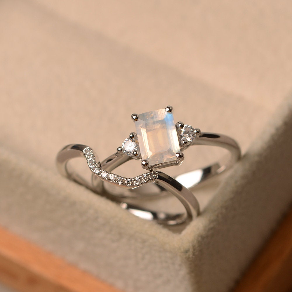 Moonstone ring sterling silver engagement ring set emerald | Etsy