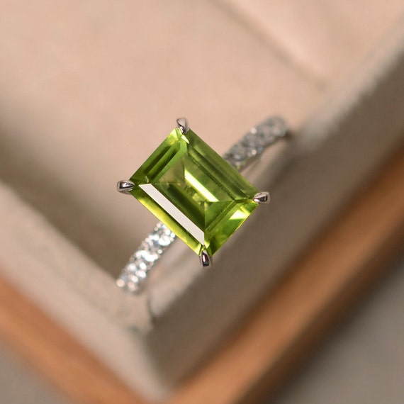 Peridot Engagement Ring Sterling Silver August Birthstone Green Gemstone Emerald Cut Peridot Ring Engagement Rings Natural Peridot Etsy