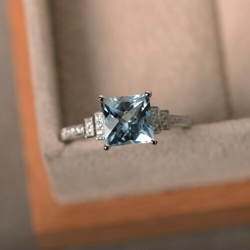 Aquamarine Ring Square Aquamarine Engagement Ring March - Etsy