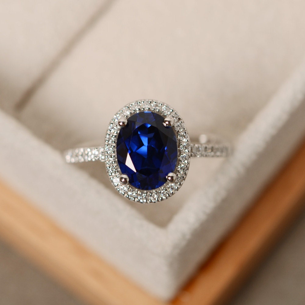 Halo Engagement Ring Blue Sapphire Ring Oval Shaped - Etsy