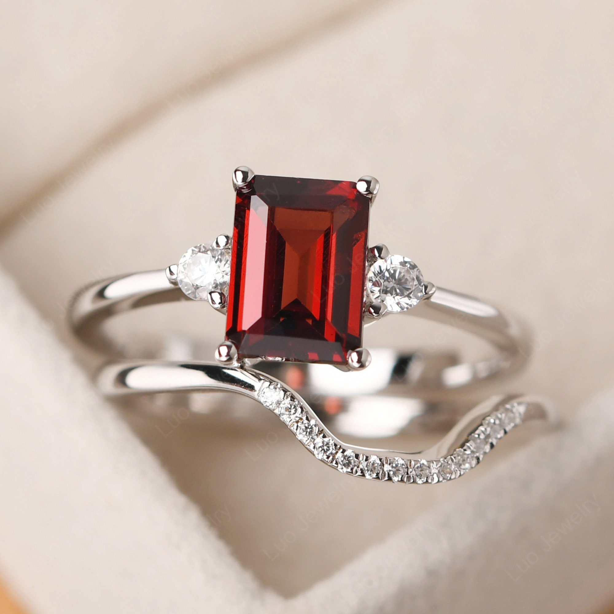 Emerald Cut Garnet Bridal Rings Sets Sterling Silver Wedding - Etsy
