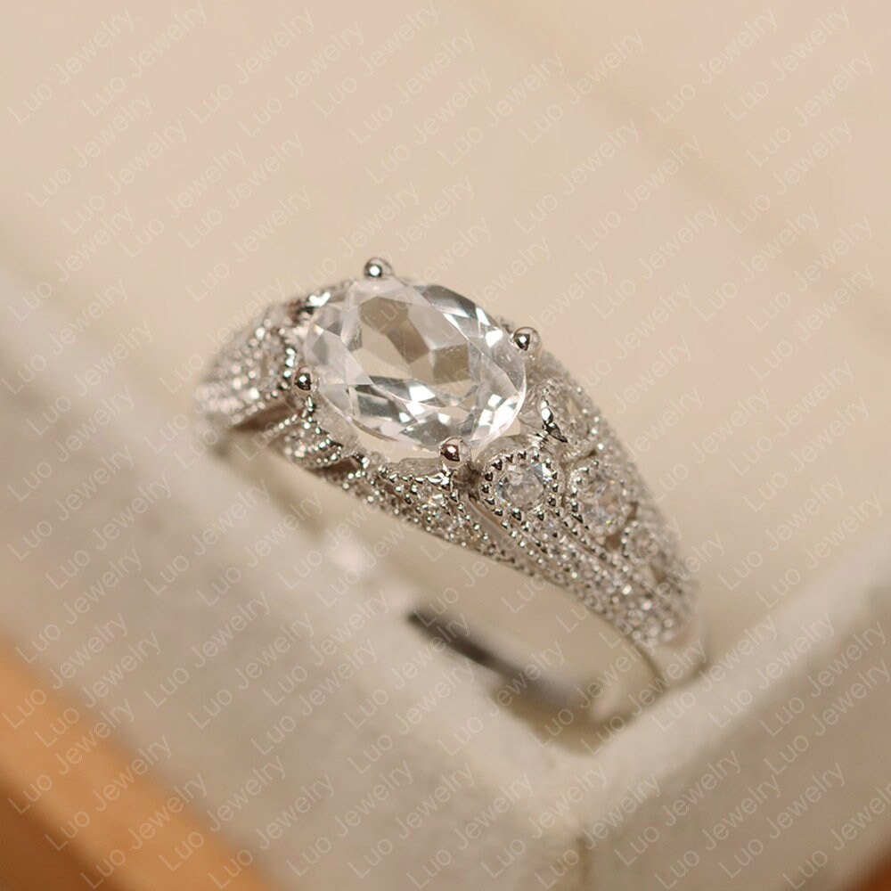 White Topaz Ring White Gold Engagemetn Ring Oval Cut White | Etsy