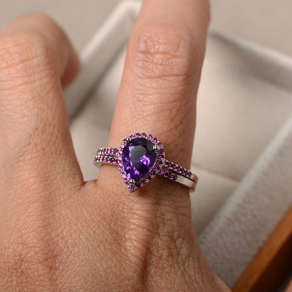 Natural Amethyst Ring Pear Cut Engagement Ring February | Etsy