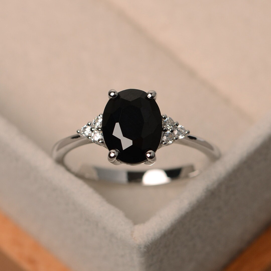 Black Spinel Ring, Oval Cut, Black Stone Rings, Promise Ring Silver ...