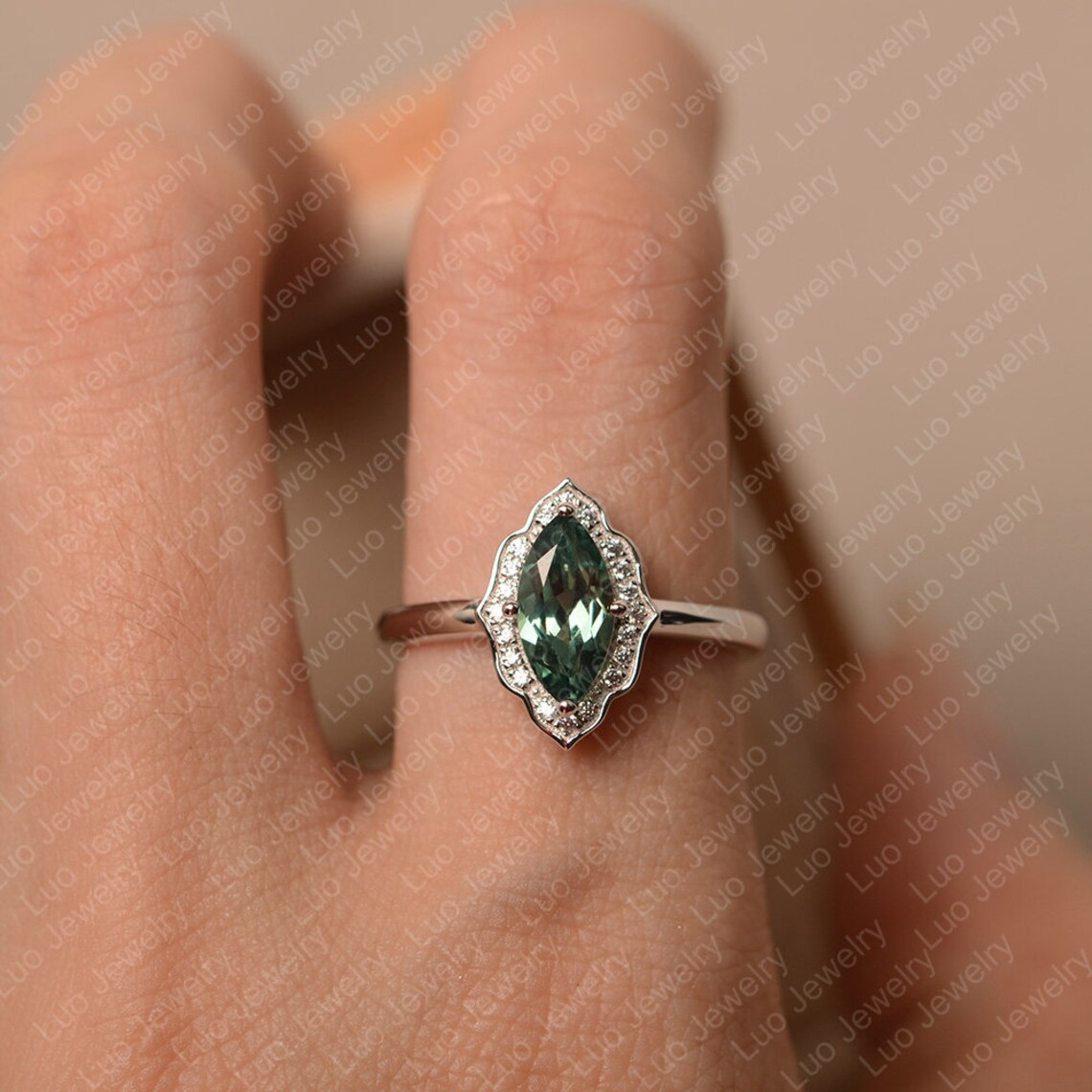 Lab Green Sapphire Ring White Gold Wedding Ring Marquise - Etsy