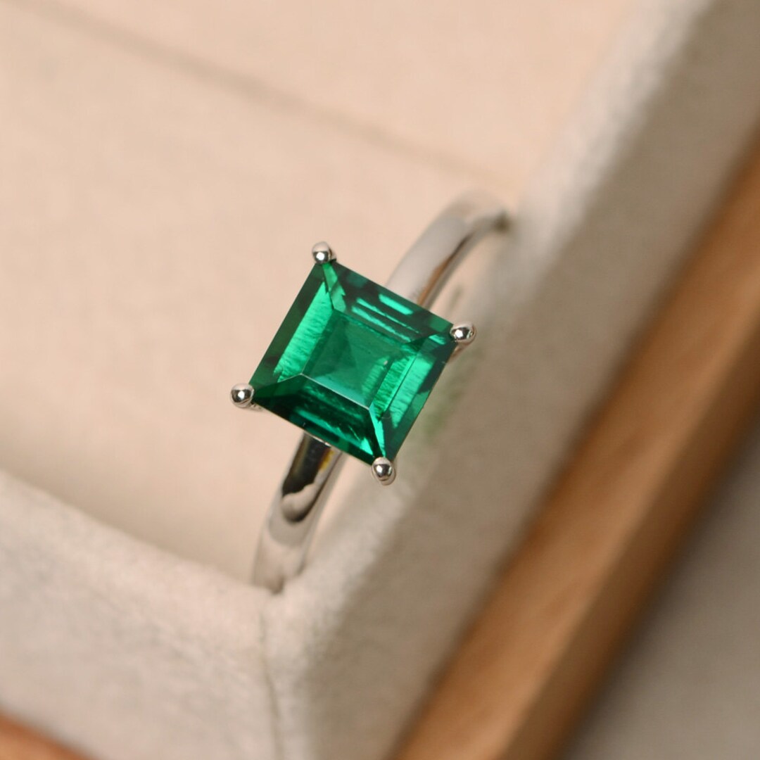 Emerald Ring, Sterling Silver, Green Emerald Ring, Solitaire Ring ...