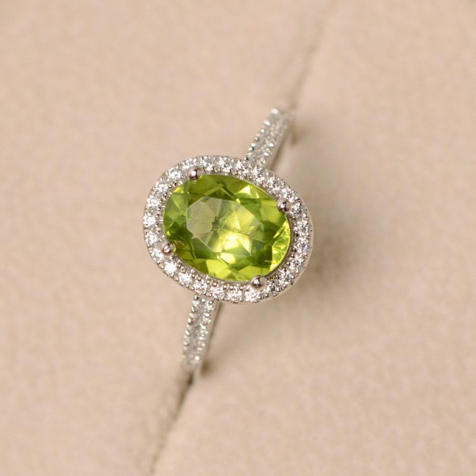 Peridot Ring, Halo Engagement Ring, Natural Peridot, Oval Cut Peridot ...