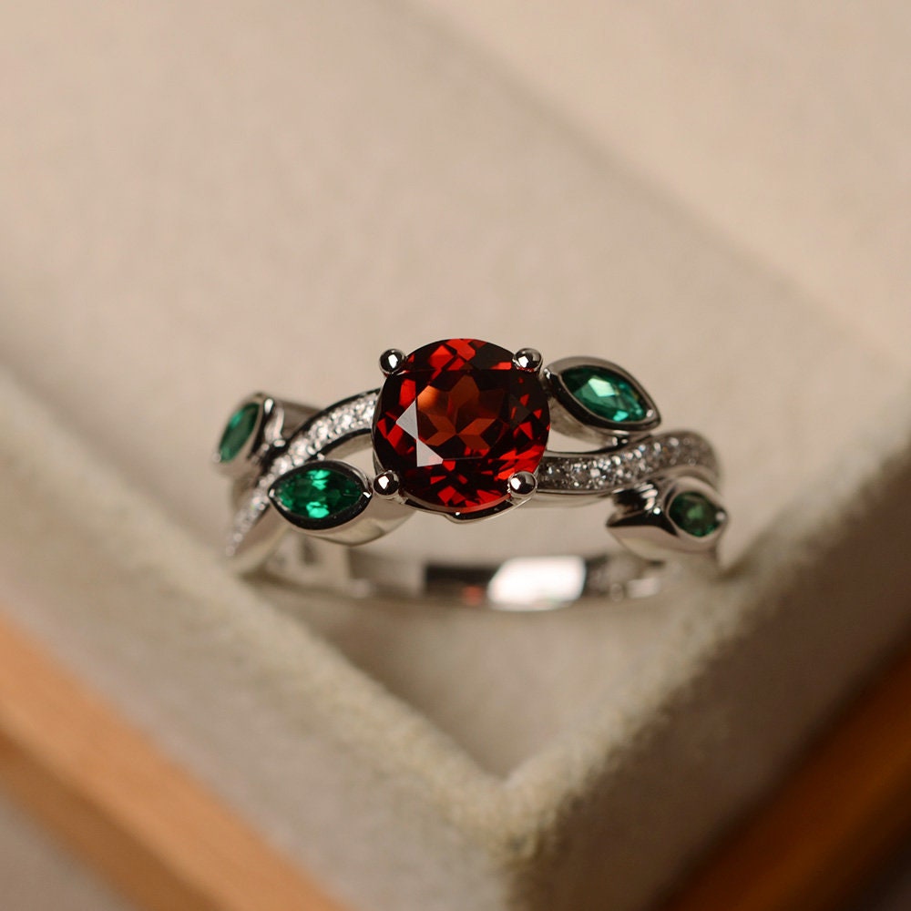 Natural Garnet Ring Sterling Silver Round Cut Engagement - Etsy