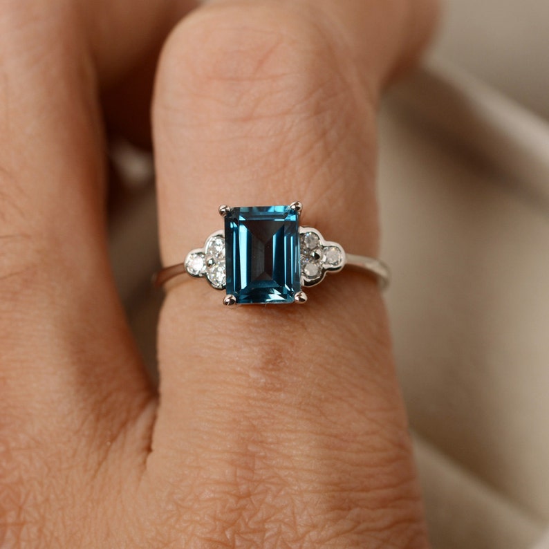 London Blue Topaz Ring Emerald Cut November Birthstone - Etsy
