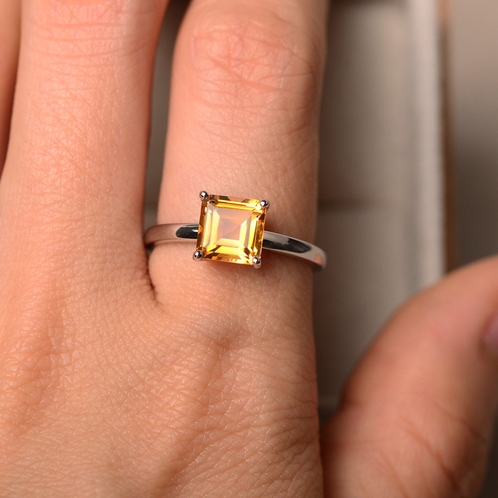 Citrine Solitaire Ring Square Cut Sterling Silver Yellow - Etsy