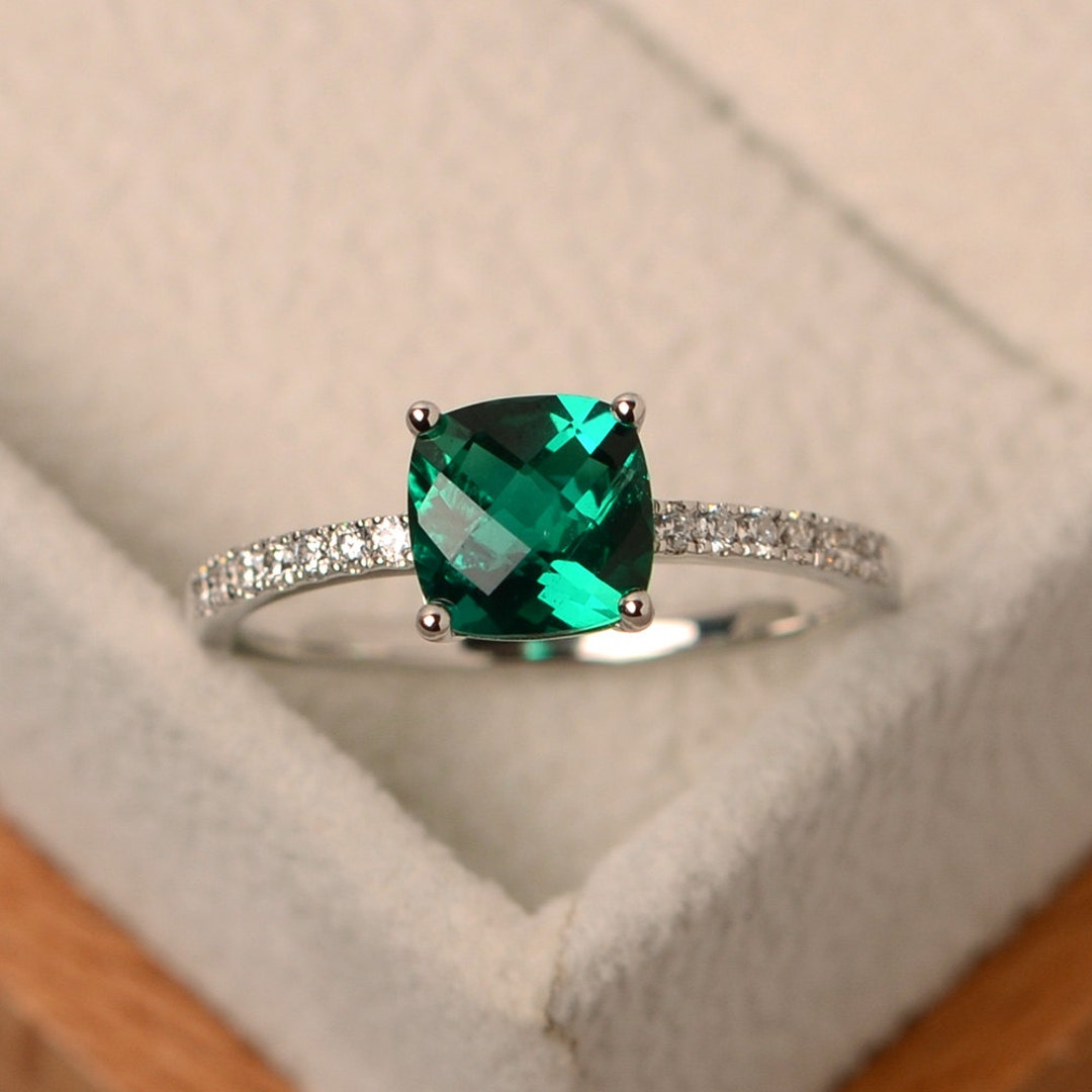 Emerald Ring, Emerald Engagement Ring, Sterling Silver, Anniversary ...