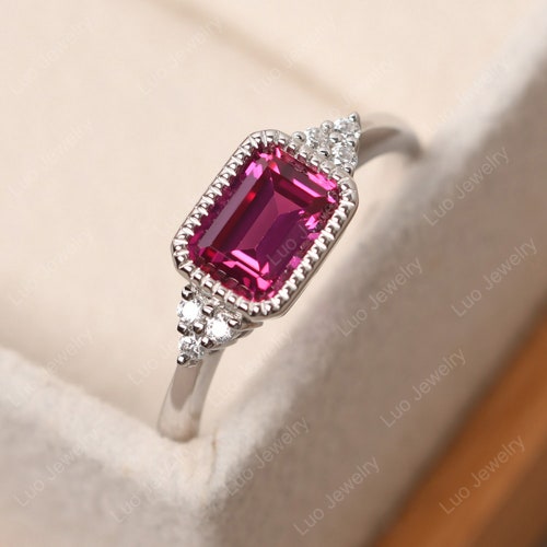 Lab Ruby Ring Emerald Cut July Birthstone Solitaire Ring - Etsy