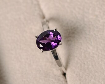 Natural Amethyst Ring Oval Cut Solitaire Ring Sterling Silver February Birthstone Ring Purple ...