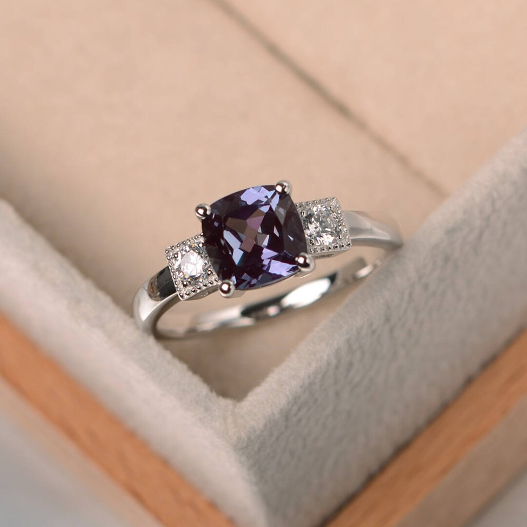 Lab Alexandrite Ring , Engagement Ring, Cushion Cut, Silver Ring, June ...