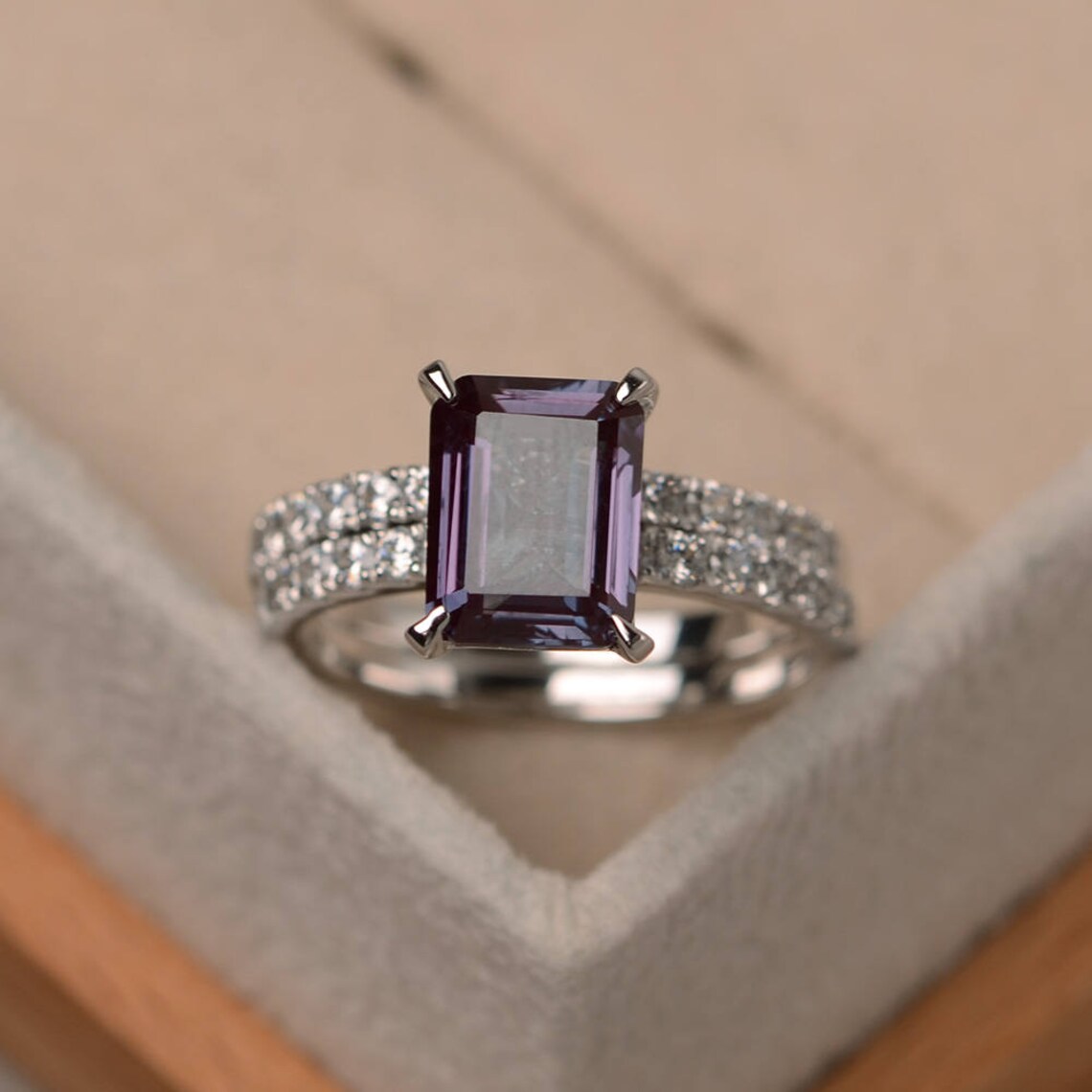 Alexandrite Bridal Set Rings Emerald Cut Color Changing - Etsy