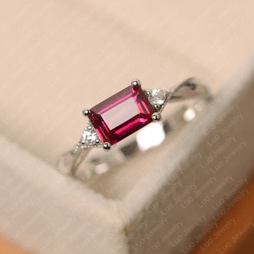 Lab Ruby Ring Emerald Cut July Birthstone Ring Sterling - Etsy