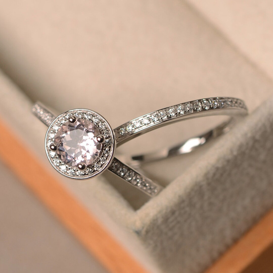 Natural Morganite Ring, Sterling Silver Engagement Ring, Brilliant Cut ...