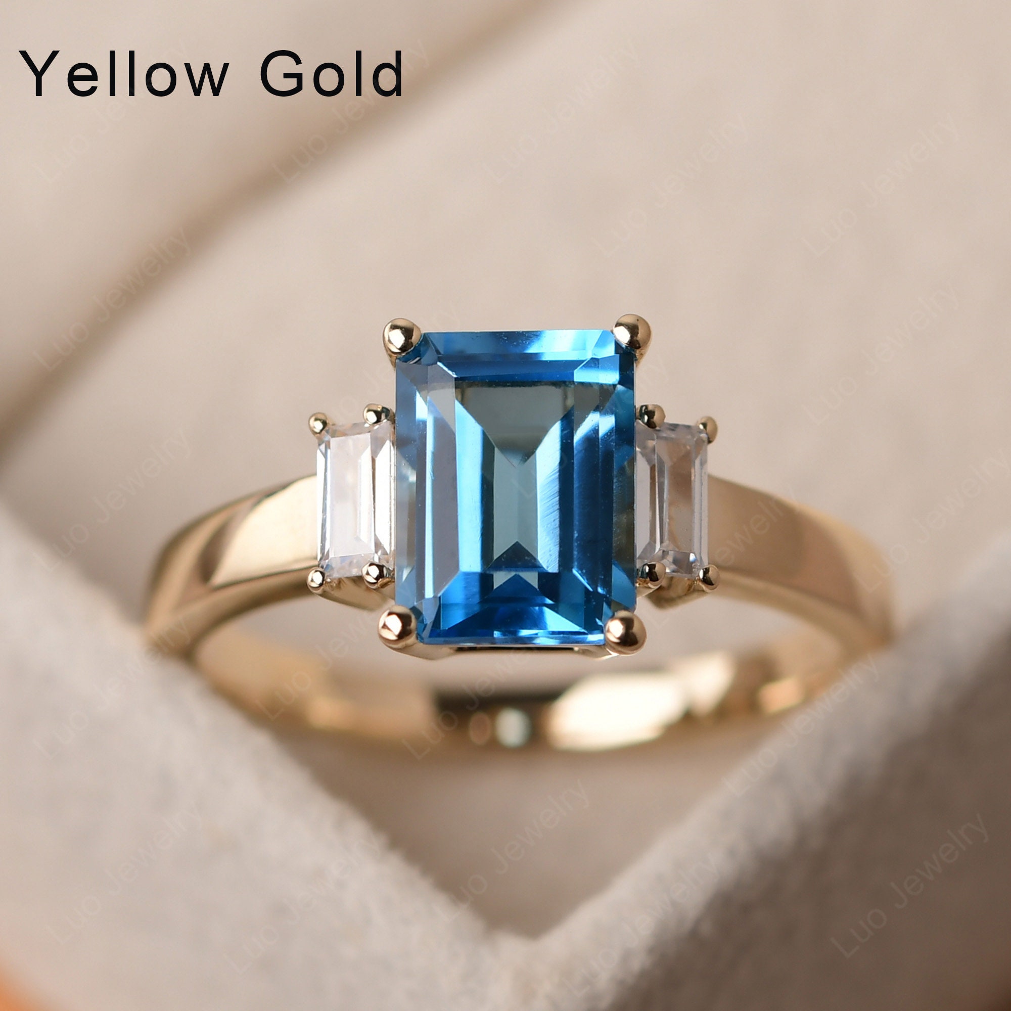 Swiss Blue Topaz Ring Wedding Ring Emerald Cut Blue | Etsy
