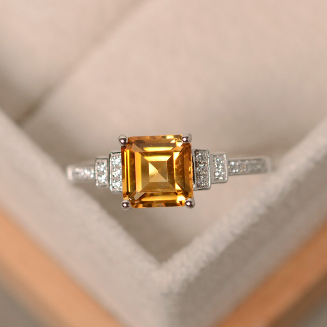Citrine Ring Square Cut Crystal Ring Sterling Silver - Etsy