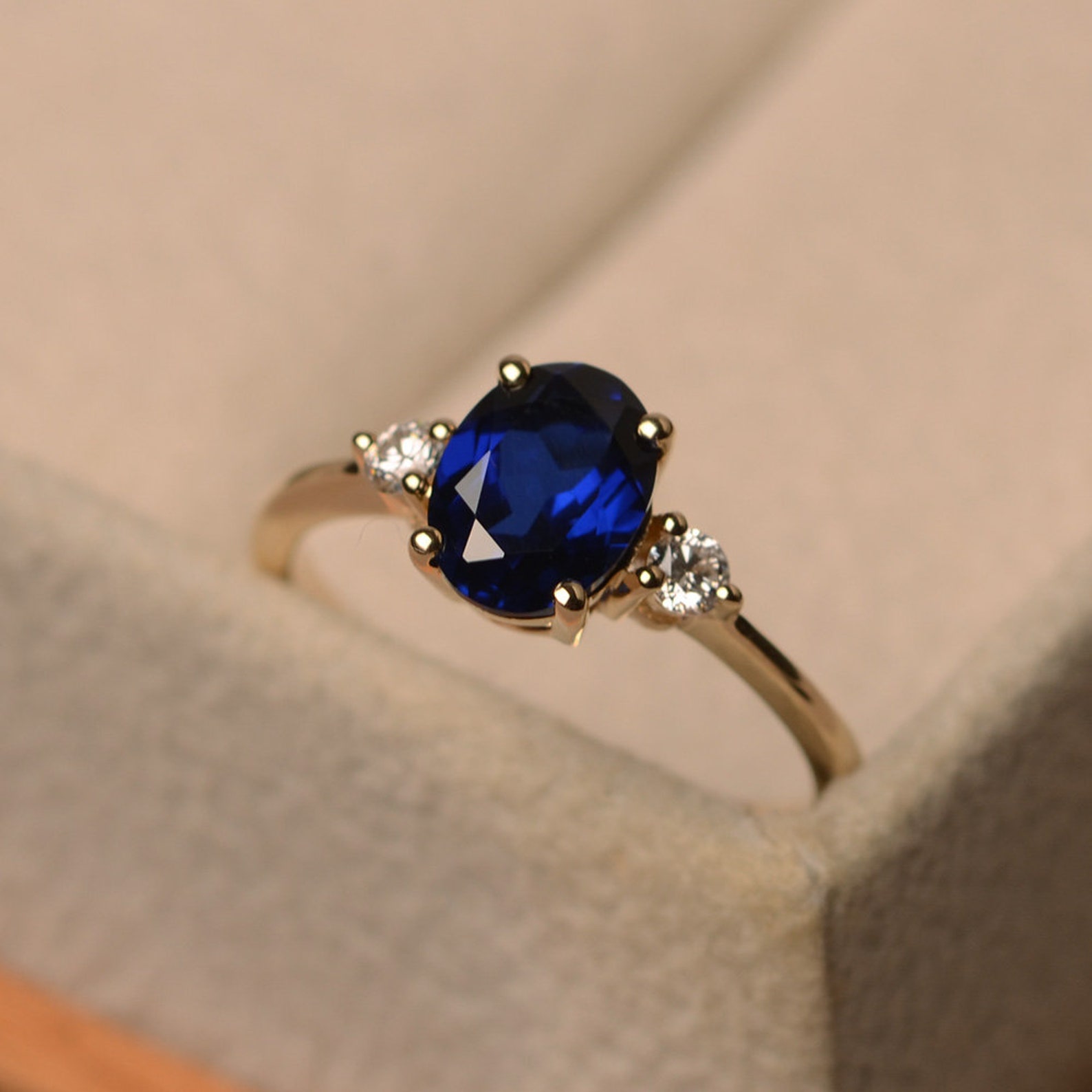 Blue Apphire Ring 14k Solid Yellow Gold Oval Cut September | Etsy