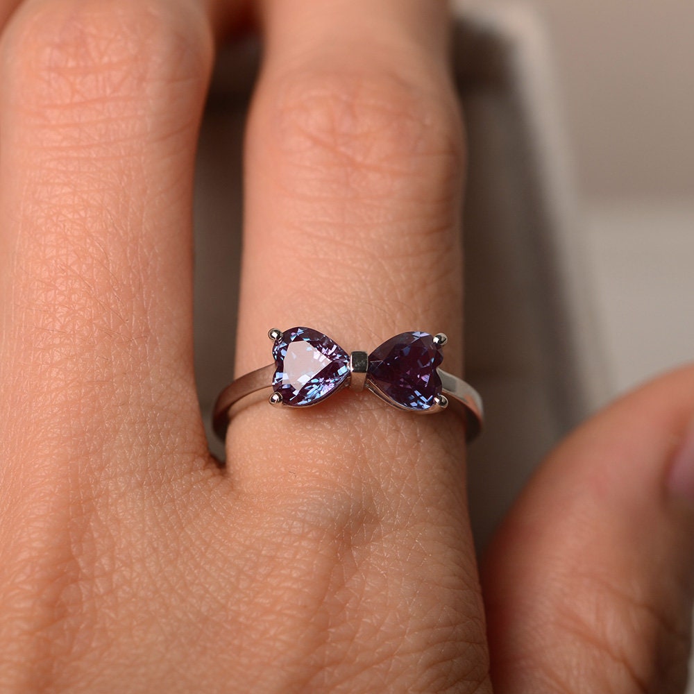 Double Stone Ring Alexandrite Engagement Ring Heart Cut - Etsy