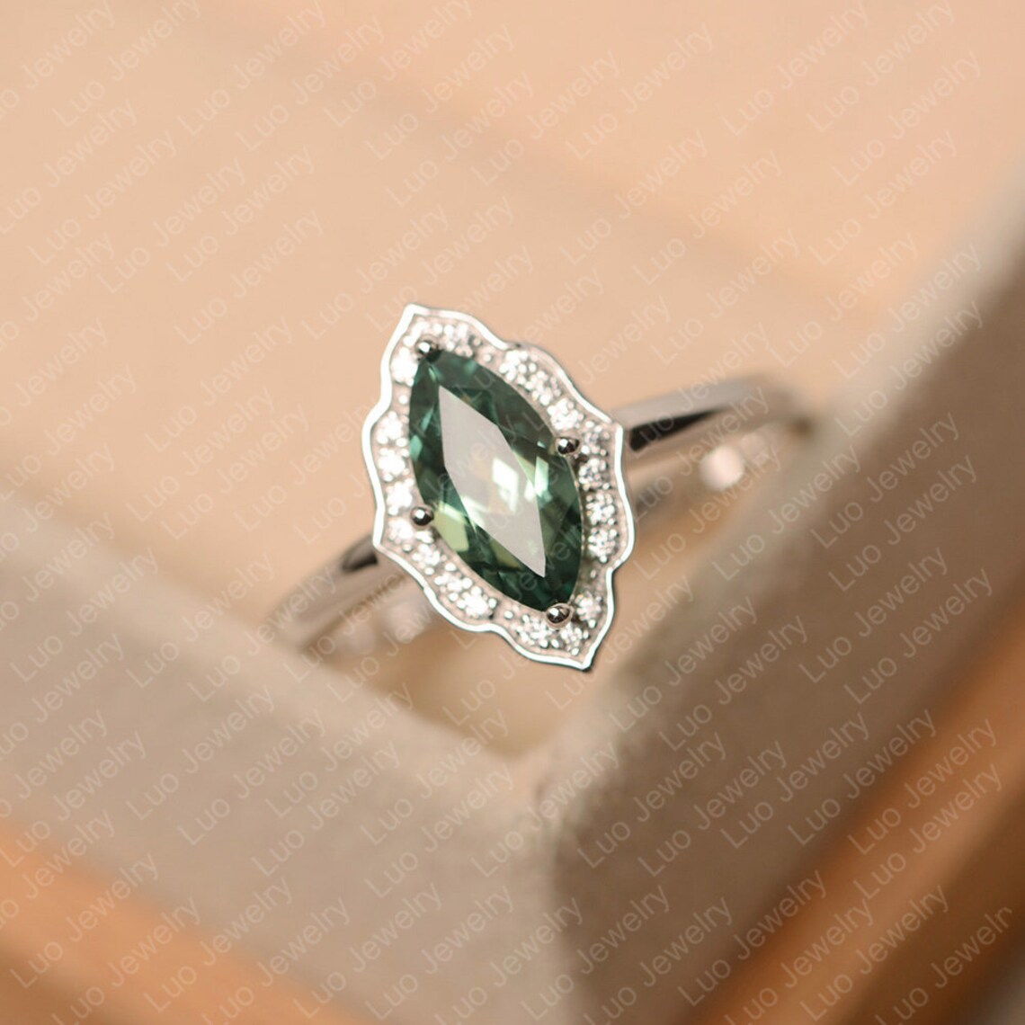 Lab Green Sapphire Ring White Gold Wedding Ring Marquise - Etsy