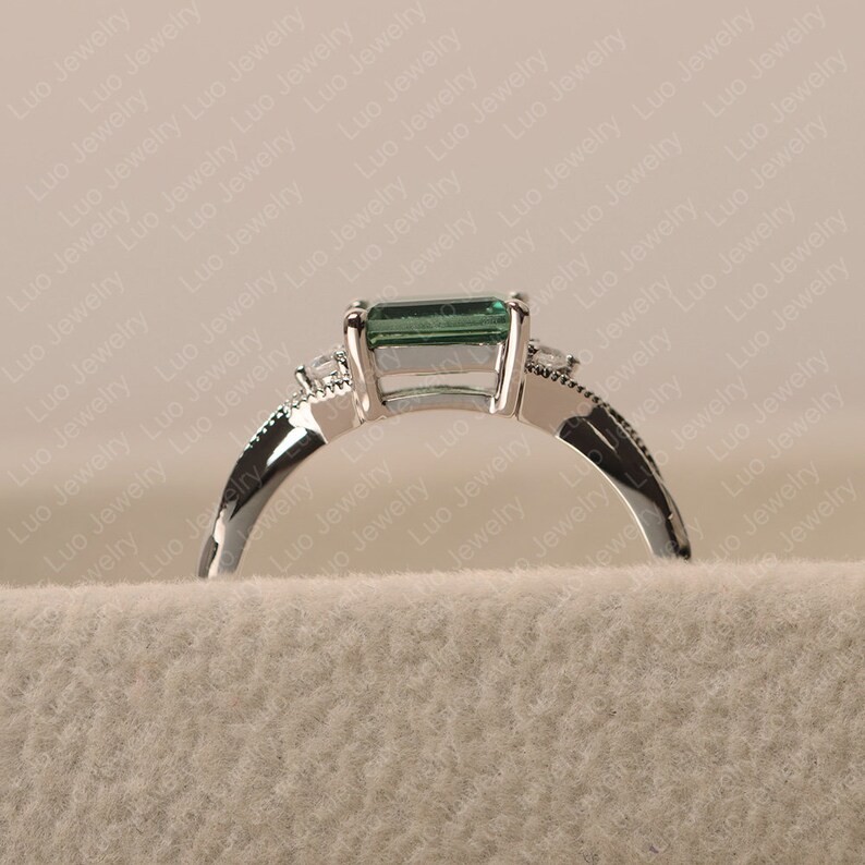Lab Green Sapphire Ring Emerald Cut Sterling Silver - Etsy