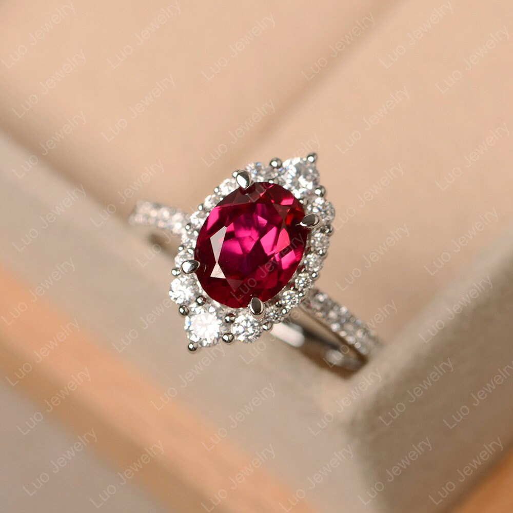 Halo Ruby Ringoval Cut Gemstoneengagement Ringred Stone - Etsy