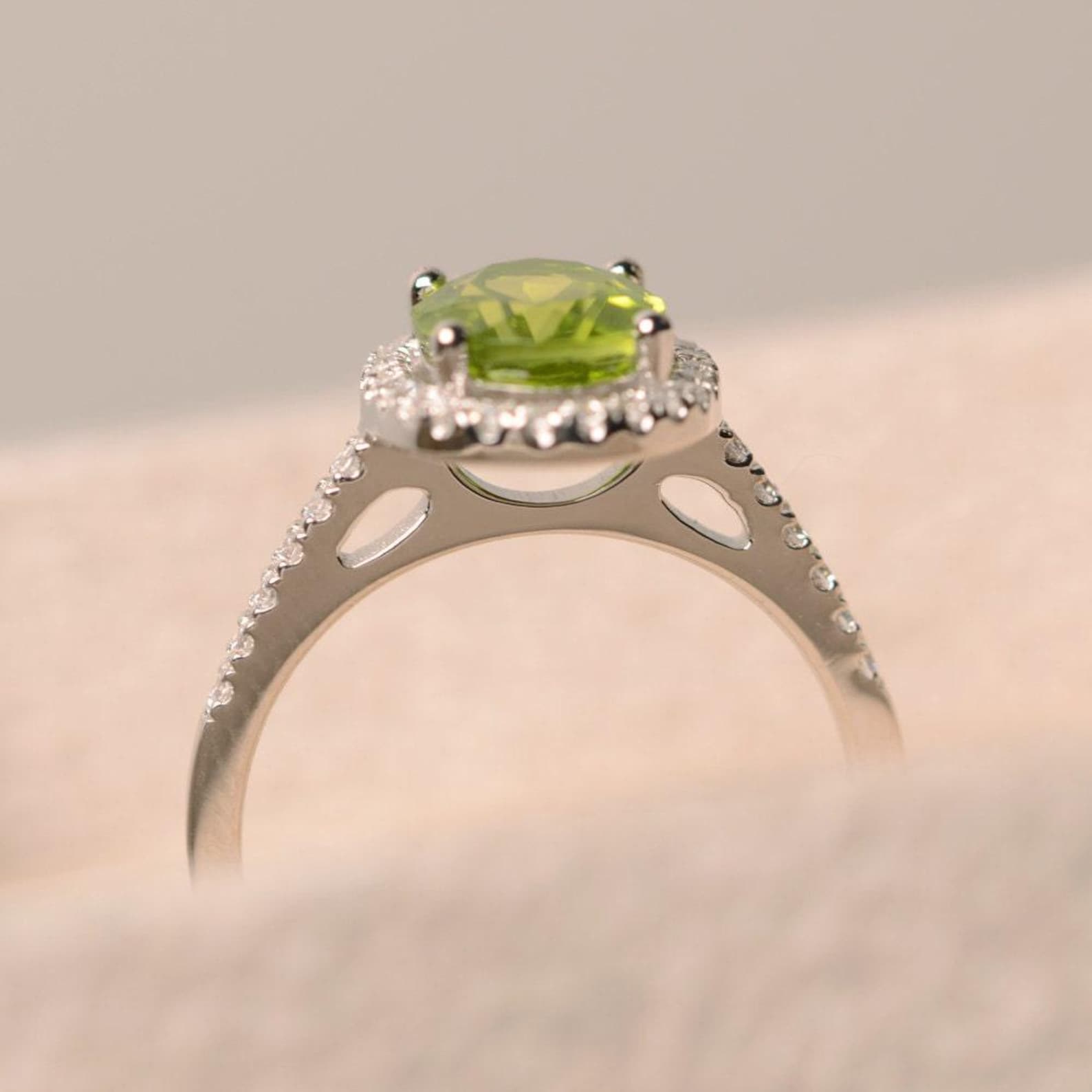 Peridot Ring, Halo Engagement Ring, Natural Peridot, Oval Cut Peridot ...