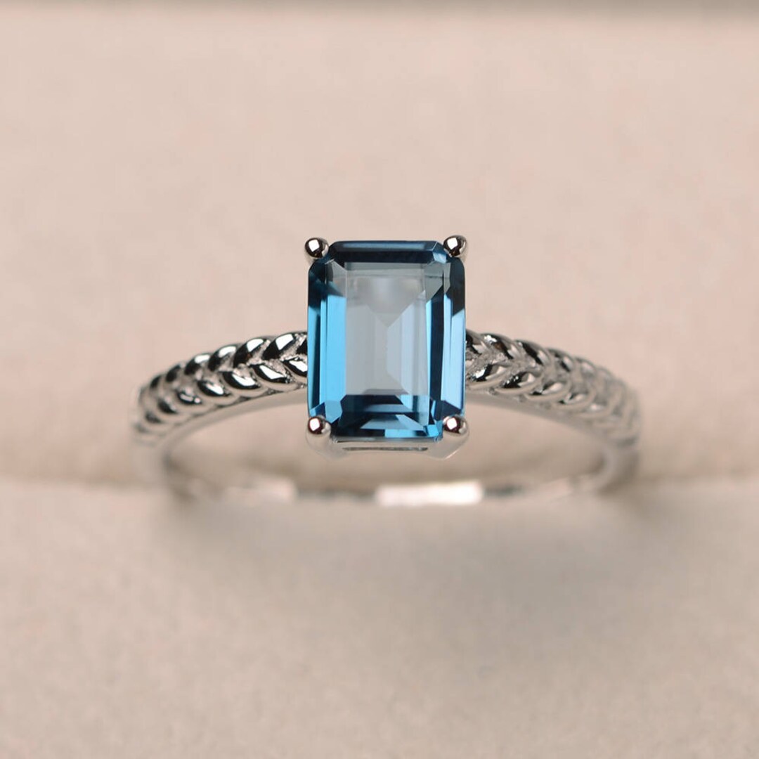 Promise Ring, London Blue Topaz Ring, Emerald Cut Blue Gemstone ...