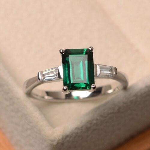 Lab Created Emerald Ring Sterling Silver Square Cut - Etsy
