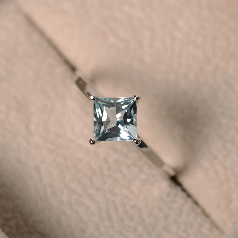 Aquamarine Ring Princess Cut Square Sterling Silver March - Etsy