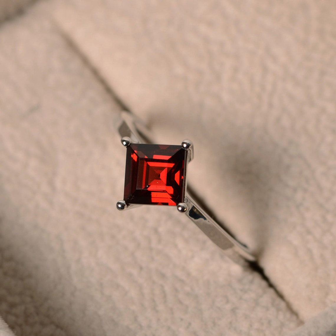 Garnet Ring Square Cut Silver Solitaire Ring January - Etsy