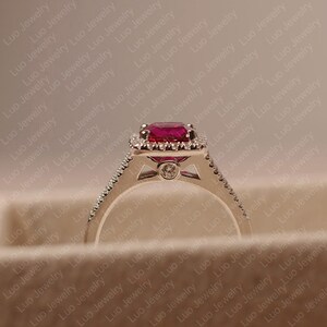 Lab Ruby Ring, Sterling Silver Halo Engagement Ring, Cushion Cut July ...