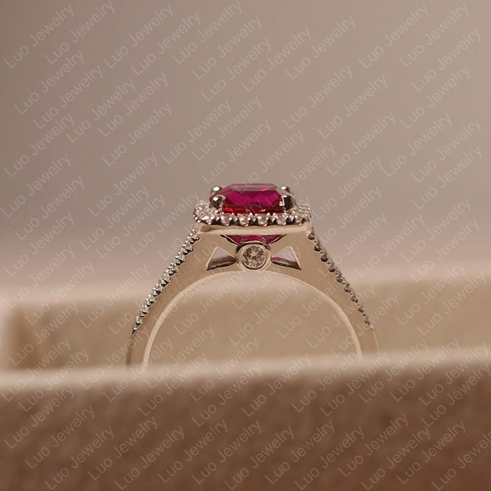 Lab Ruby Ring Sterling Silver Halo Engagement Ring Cushion - Etsy