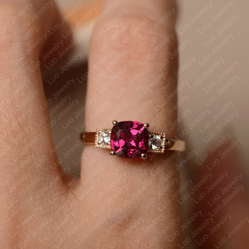 Lab Ruby Ring Cushion Cut Red Stone July Birthstone Rose - Etsy