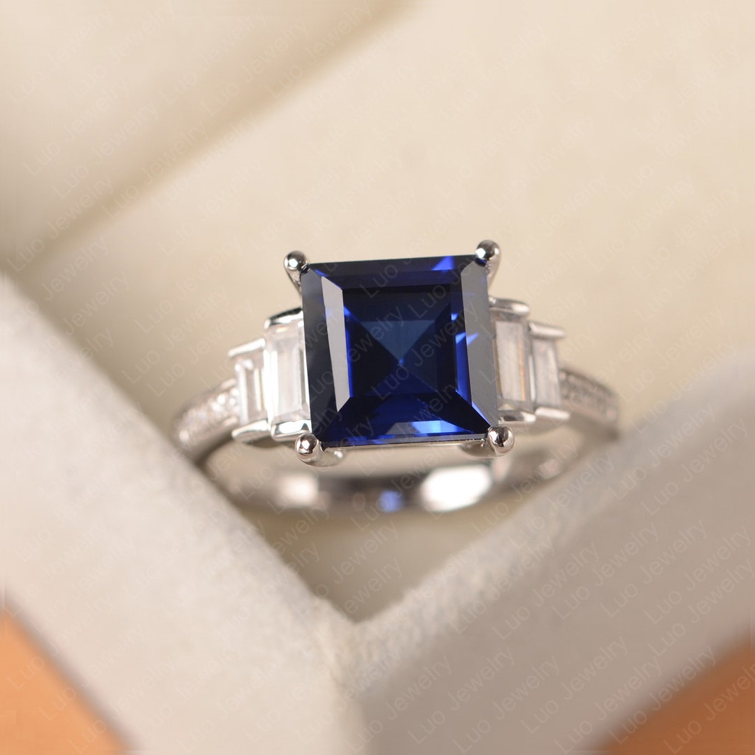 Handmade Blue Sapphire Ring, Squre Cut, Solid Silver, Baguette Cut ...