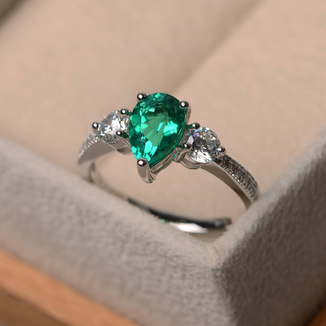 Pear Cut Gemstone Lab Emerald Ring Engagement Ring Green - Etsy