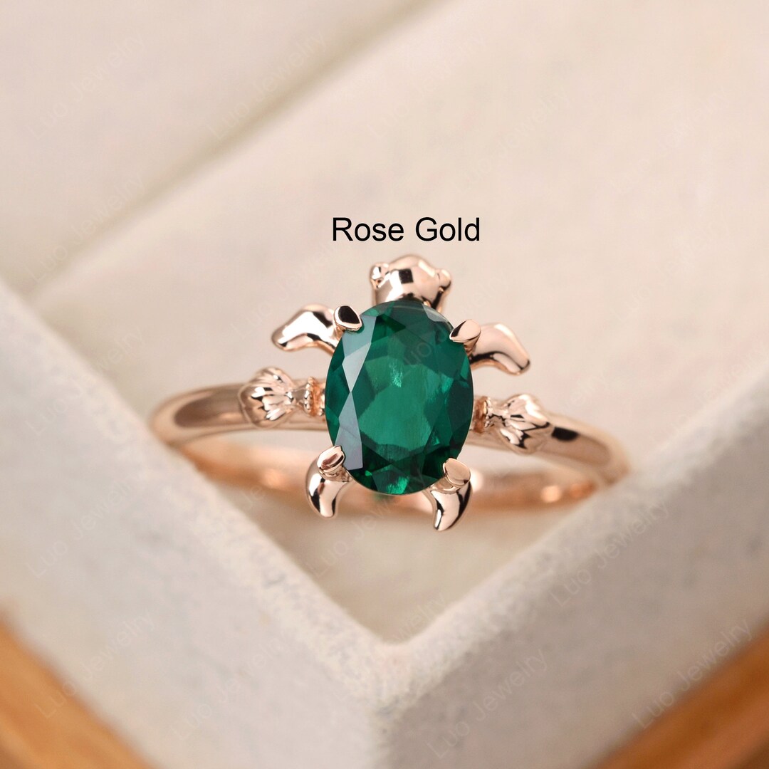 Unique Turtle Engagement Ring, Oval Cut Emerald Ring, 14k Rose Gold ...