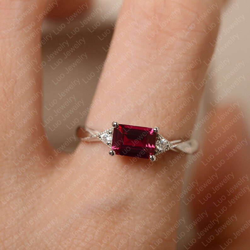 Lab Ruby Ring Emerald Cut July Birthstone Ring Sterling - Etsy