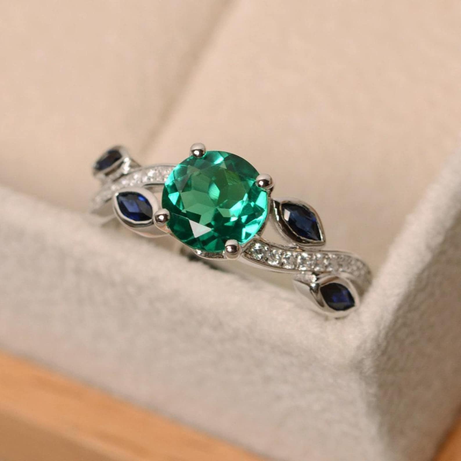 Emerald Ring, Green Emerald Ring, Multistone Ring, Leaf Ring, Sterling ...