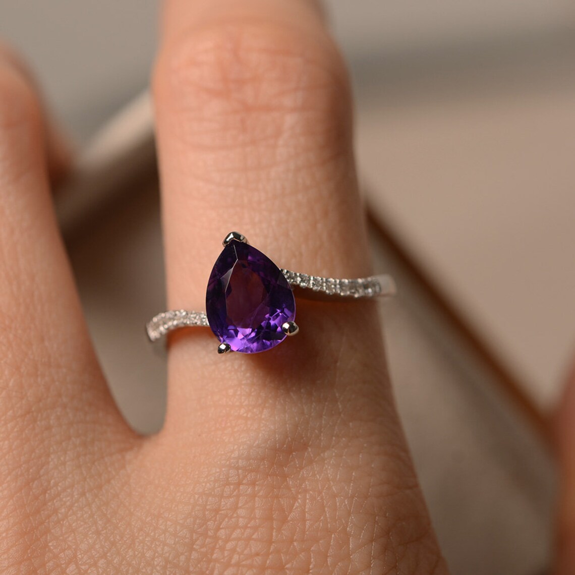Amethyst Ring Purple Gemstone Ring Pear Shaped Ring - Etsy