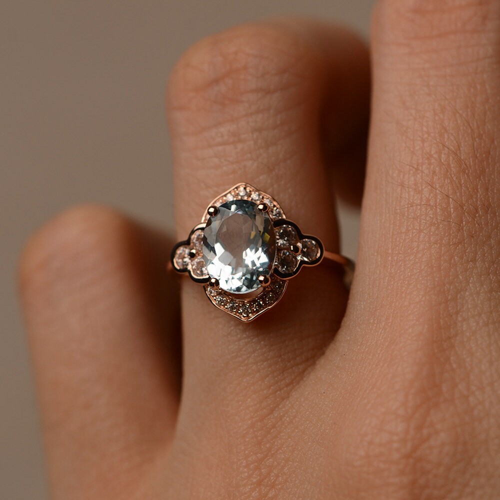 Aquamarine Ring Rose Gold Oval Cut March Birthstone Ring - Etsy