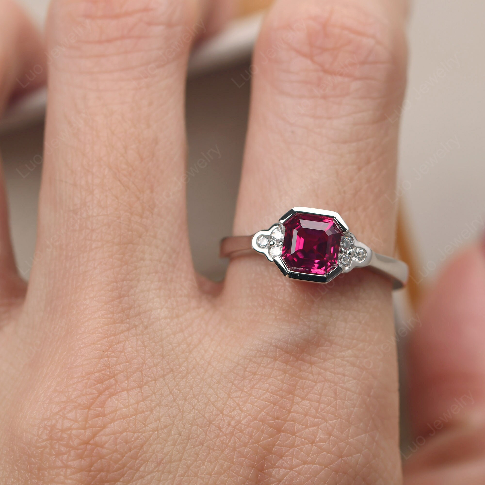 Vintage Ruby Statement Ring 14k White Goldasscher Cut July - Etsy